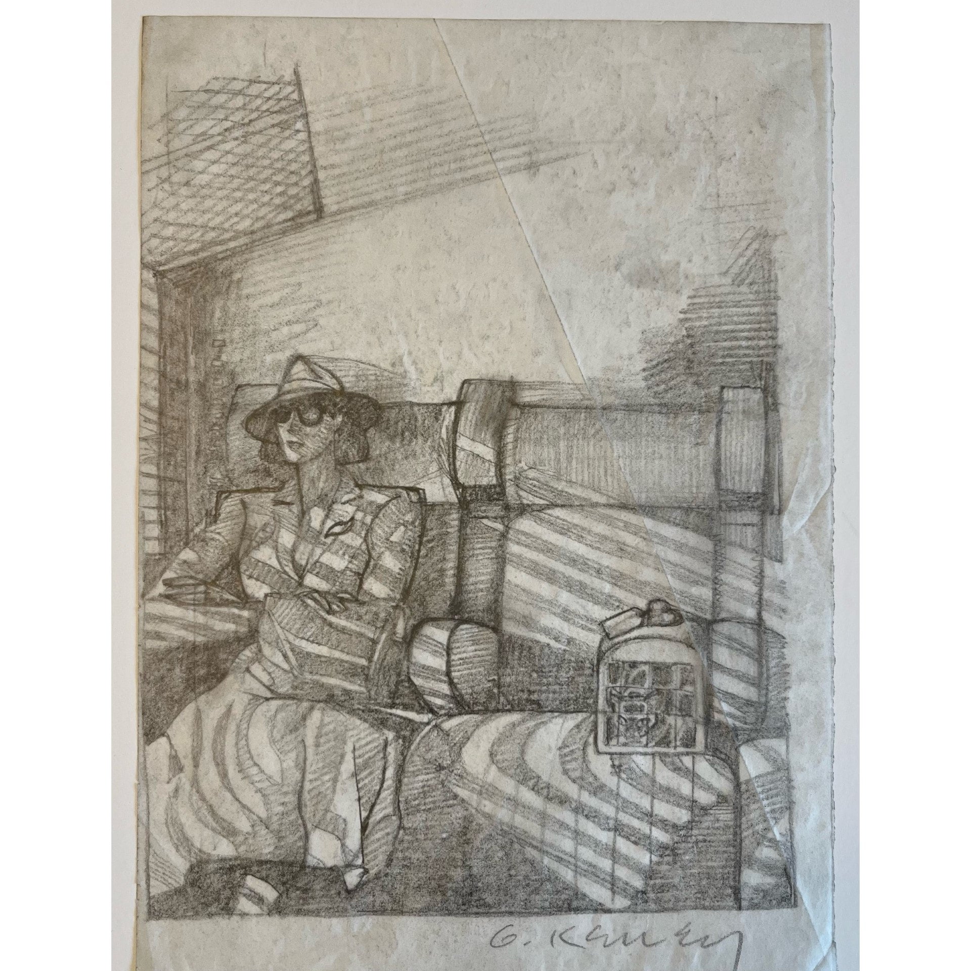 Gary Kelley Art For Sale Woman on Train With Cat Sketch | Gary Kelley Art